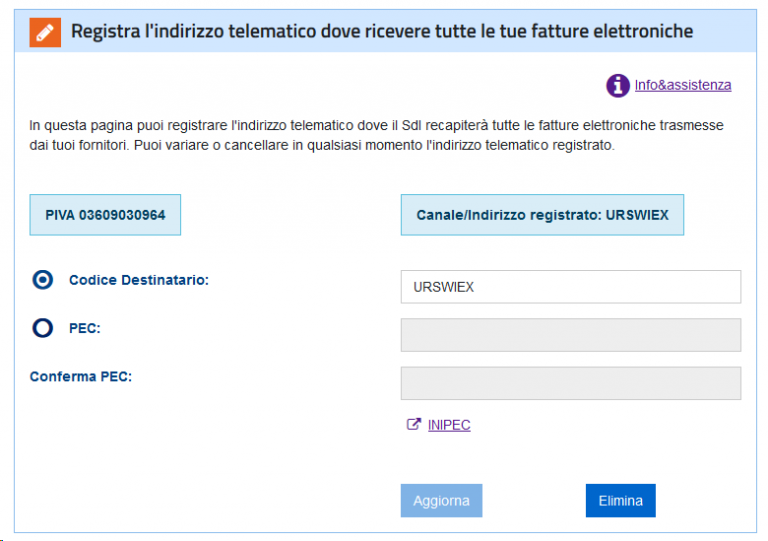 Impostare il proprio codice SDI sul sito di AdE » Company Manager